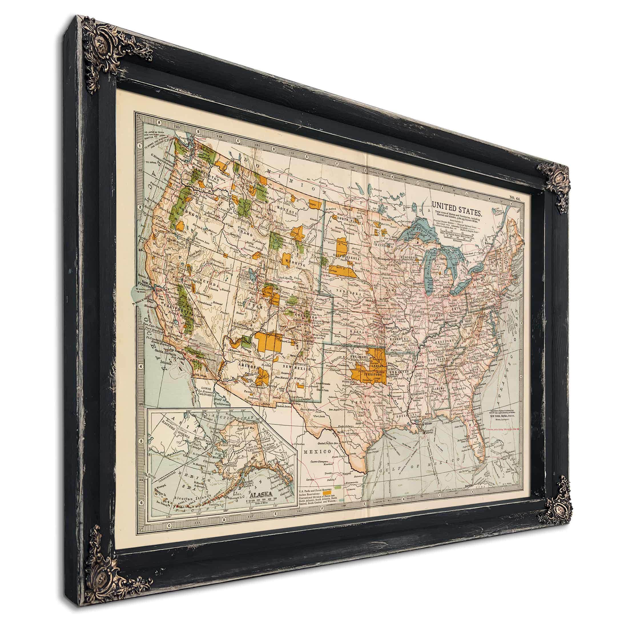 Framed United States Vintage Map - Ornate Embellishment Frame with...