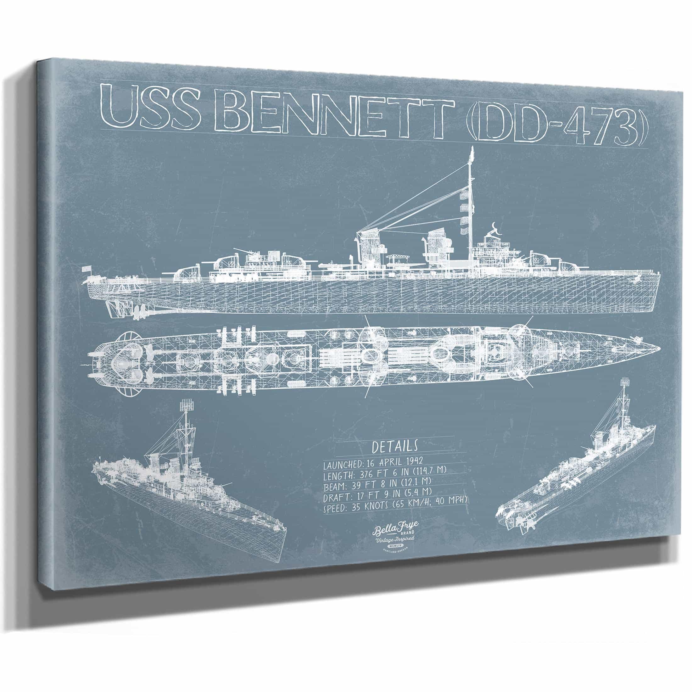 USS Bennett (DD-473) Blueprint Wall Art - Original Destroyer Print
