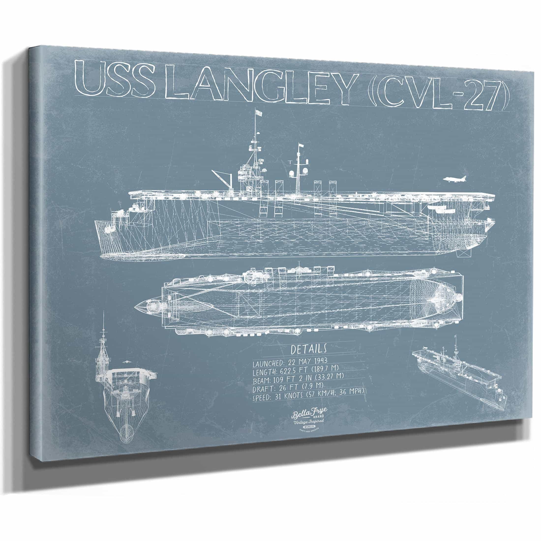 USS Langley (CVL-27) Blueprint Wall Art - Original Carrier Print