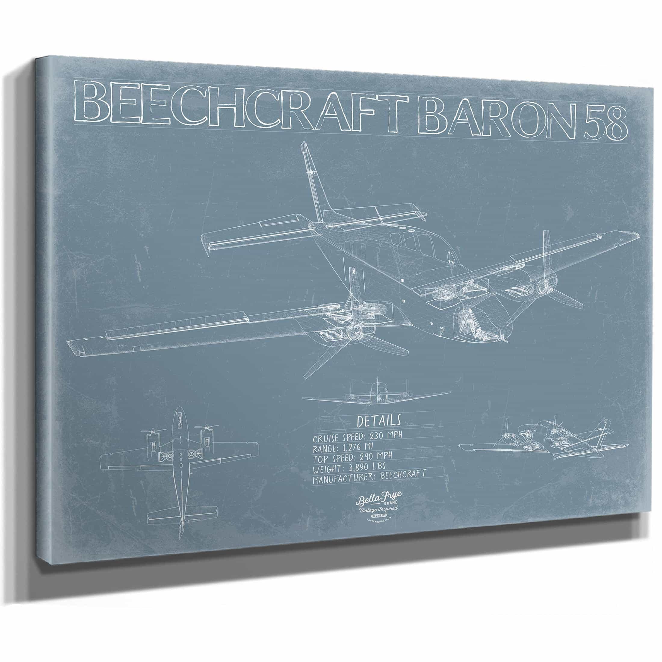 Beechcraft Baron 58 Aircraft Blueprint Wall Art - Original Military Pl